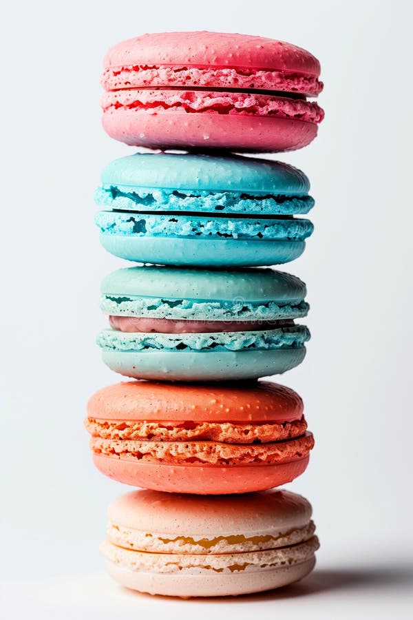 A Stack of Four Different Colored Macarons. the Macarons are Pink, Blue ...