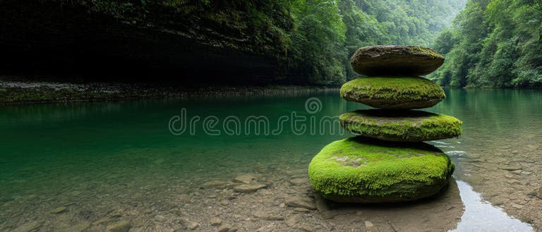 A Stack of Four Moss Covered Rocks Sits in a River, with a Forested ...