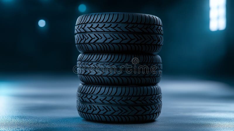 Four New Tires Stacked in a Dark Workshop Setting with Soft Lighting ...