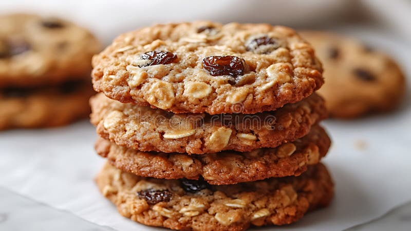 A Stack of Four Oatmeal Raisin Cookies on a White Surface Stock ...