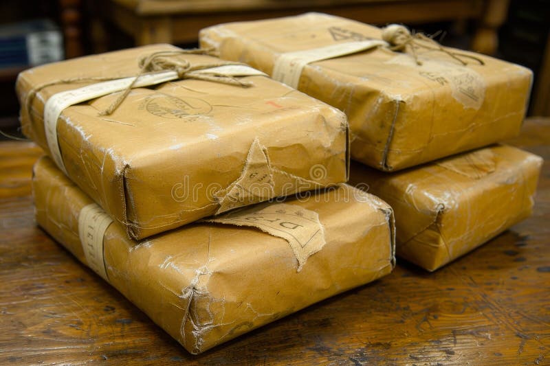 Stack of Four Parcels Wrapped in Brown Paper and Tied with String ...
