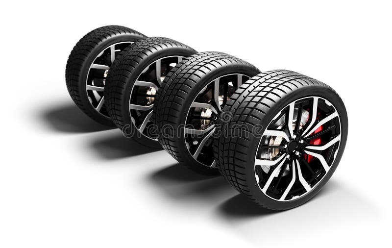 Stack of Four Performance Car Wheels on White Background Stock ...