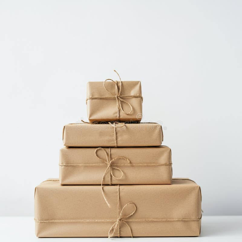 Stack of Four Rectangular Gifts Wrapped in Brown Kraft Paper, Each Tied ...
