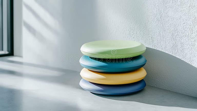 A Stack of Four Round Cushions in Different Colors Stock Image - Image ...
