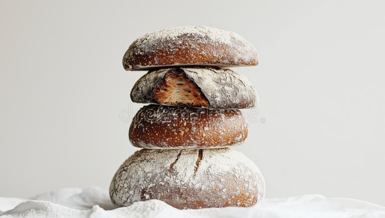Rustic Stack of Sourdough Bread Loaves with Flour Dusting on White ...