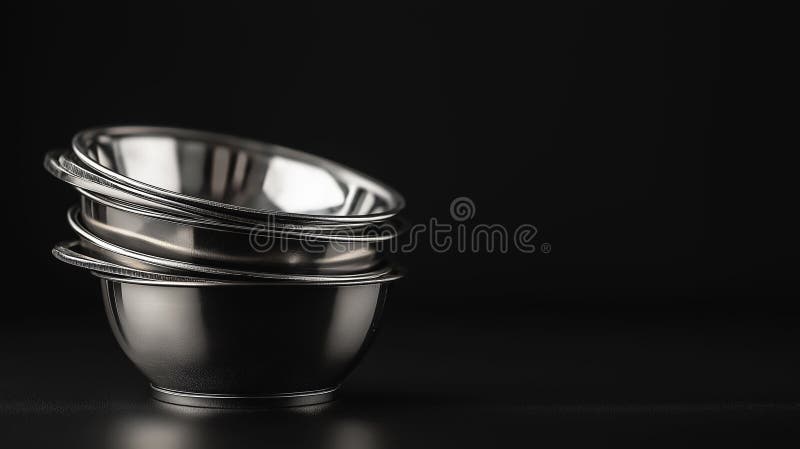 Four Shiny Silver Bowls Stacked on a Sleek Black Surface, Creating an ...