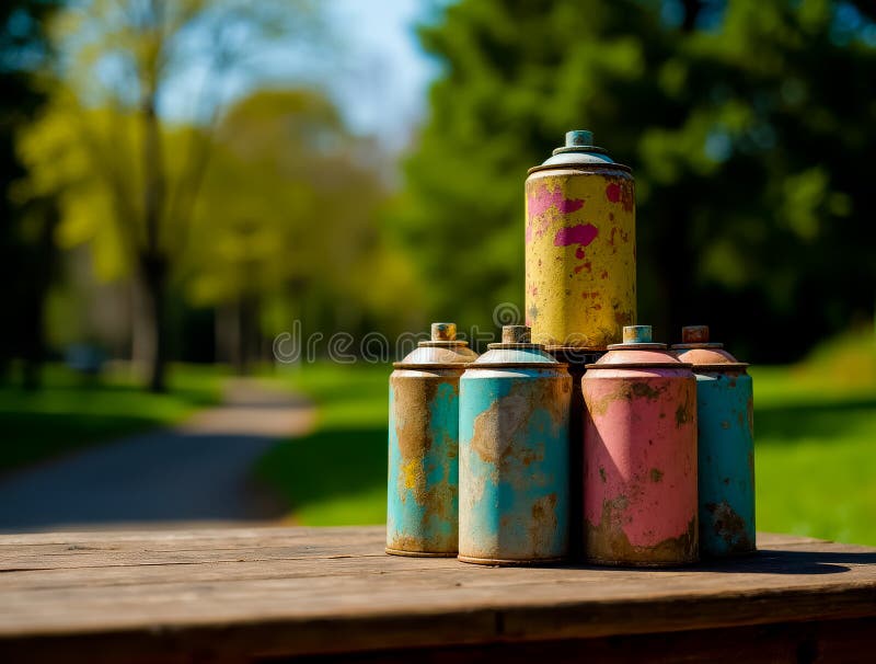 A Group of Spray Paint Cans Sitting on Top of a Wooden Table Stock ...