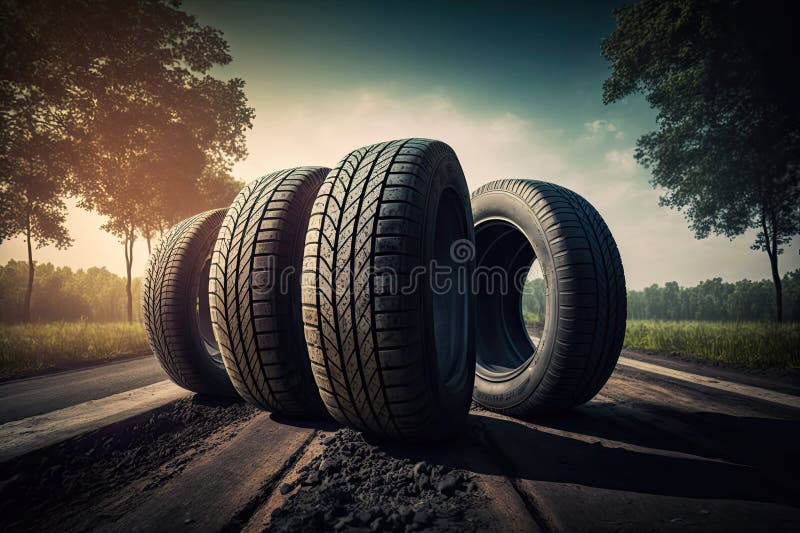 Stack of Four Tires in a Stack on a Asphalt Road. Sunny Day Stock ...