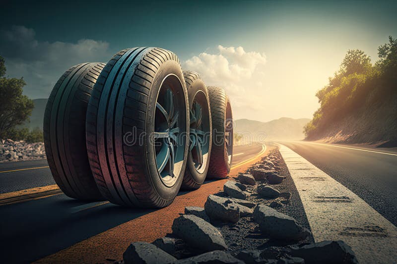 Stack of Four Tires in a Stack on a Asphalt Road. Sunny Day Stock ...