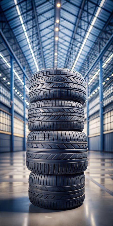 A Stack of Four Tires is Shown in a Large, Empty Building. Stock ...