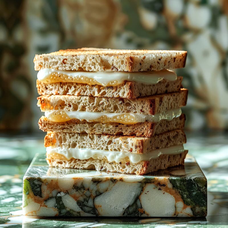 A Stack of Four Toasted Bread Sandwiches with a White Spread on Top ...