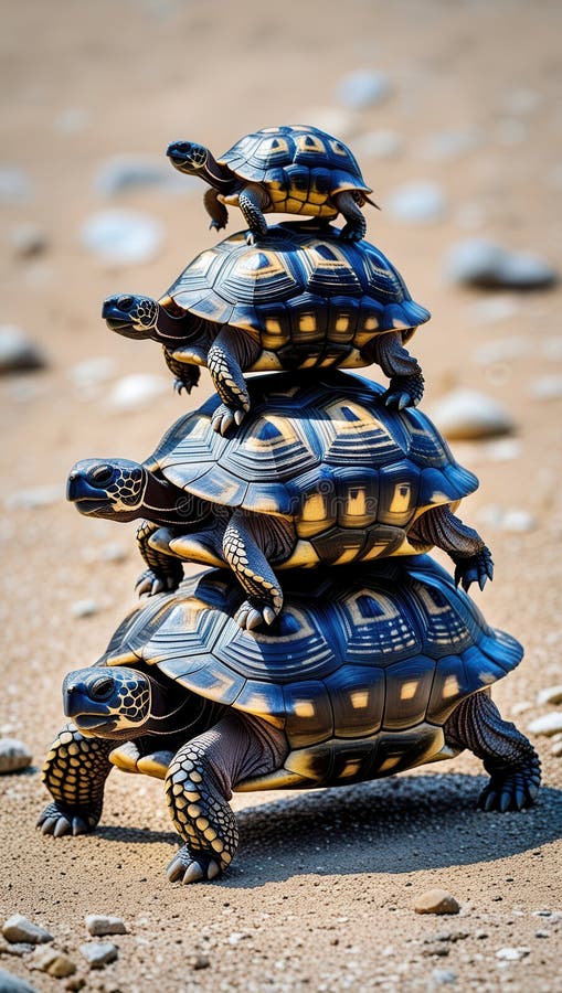 Stack of Four Turtles Balancing on Each Other on a Sandy Beach with a ...