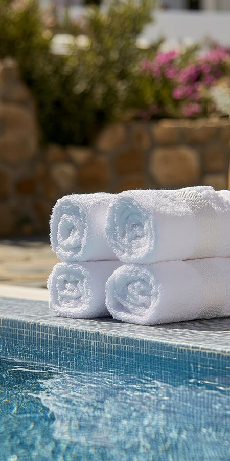 Stack of Four White Fluffy Towels on Edge of Swimming Pool. Summer ...