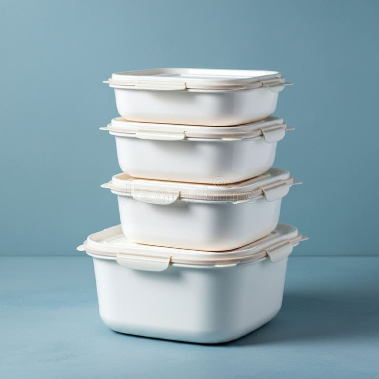A Stack of Four White Plastic Food Storage Containers with Matching ...