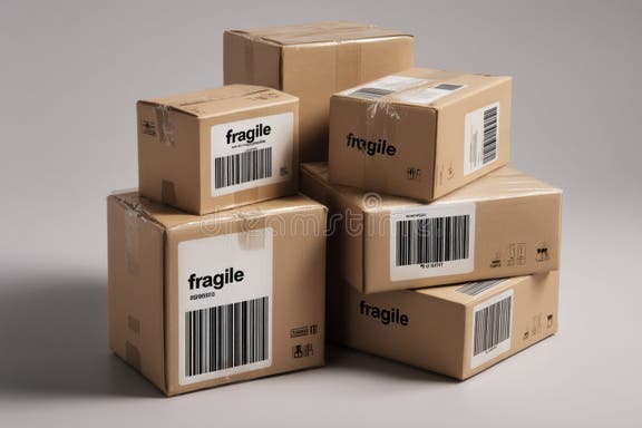 Stack of Fragile Parcels with Barcode Scan Overlay Highlighted on an ...