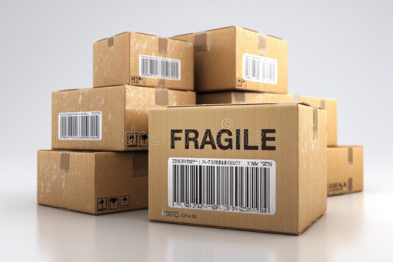 Stack of Fragile Parcels with Barcode Scan Overlay Showing Contents and ...