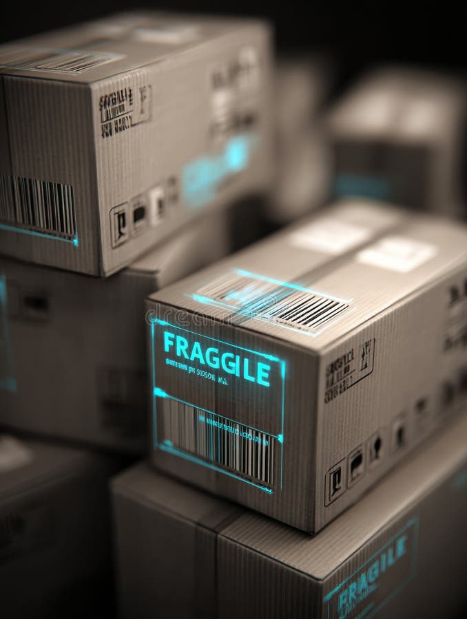 Stack of Fragile Parcels with Barcode Scan Overlay Showing Opened Top ...