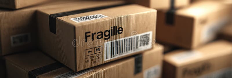 Stack of Fragile Parcels with Open Layout and Barcode Scan Overlay in a ...