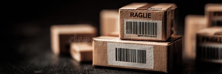 Stack of Fragile Parcels with Open Layout and Barcode Scan Overlay ...