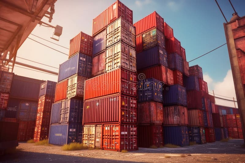Stack of Freight Containers at Industrial Warehouse Stock Illustration ...