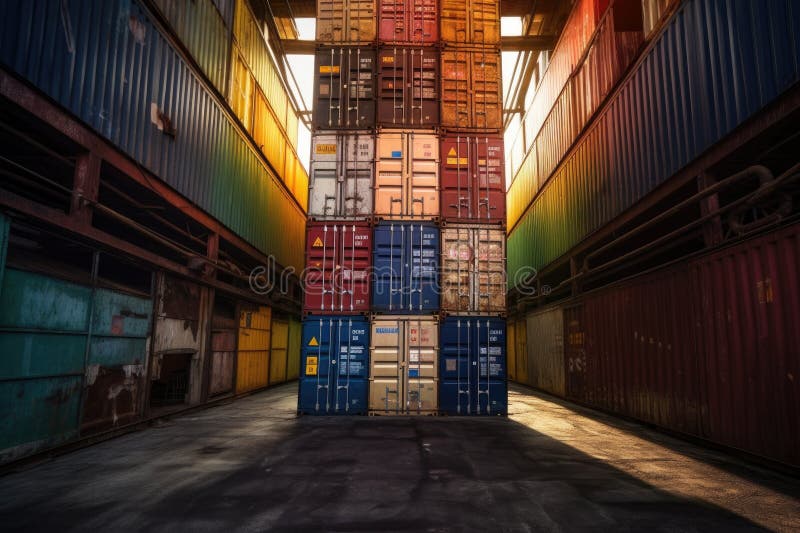 Stack of Freight Containers at Industrial Warehouse Stock Image - Image ...