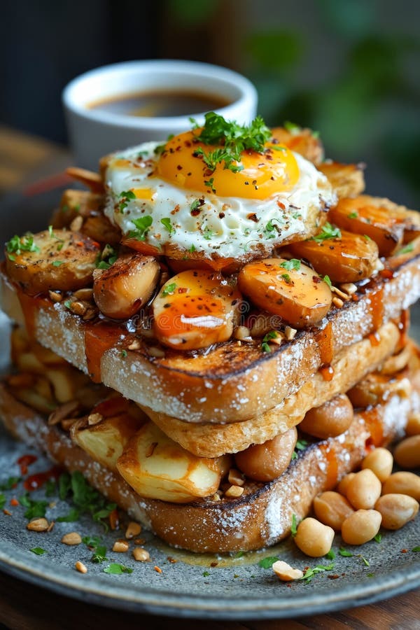 A Stack of French Toast Topped with Potatoes and a Fried Egg Stock ...