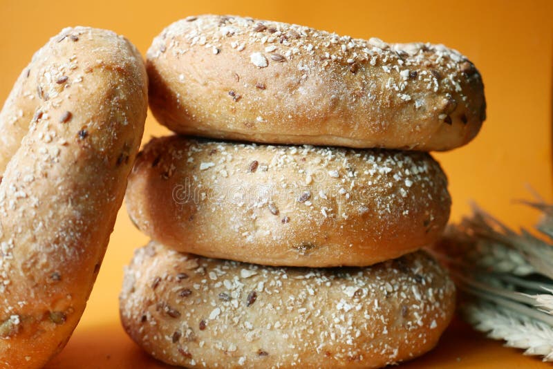 Stack of Fresh Bagel Bread on Table Stock Photo - Image of baked, fresh ...