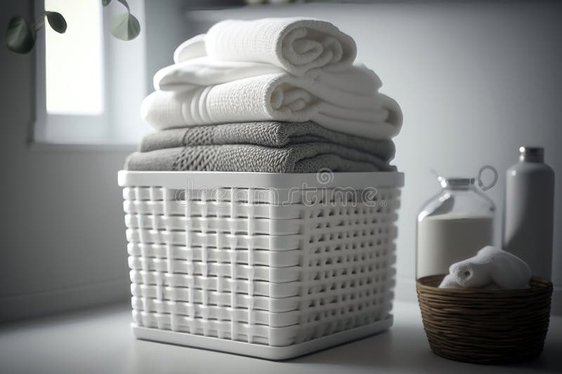 Stack of Fresh Clean Towels in the Wicker Basket on the Table. AI ...