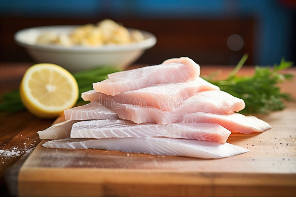 A Stack of Fresh Fish Fillets and Cut Potatoes before Frying Stock ...