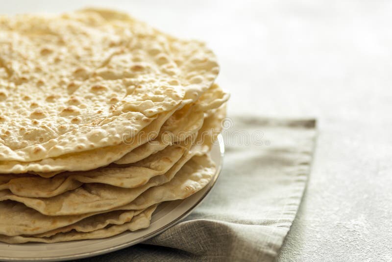 Stack of Fresh Homemade Flat Bread Pita on Plate. Copy Space for Text ...