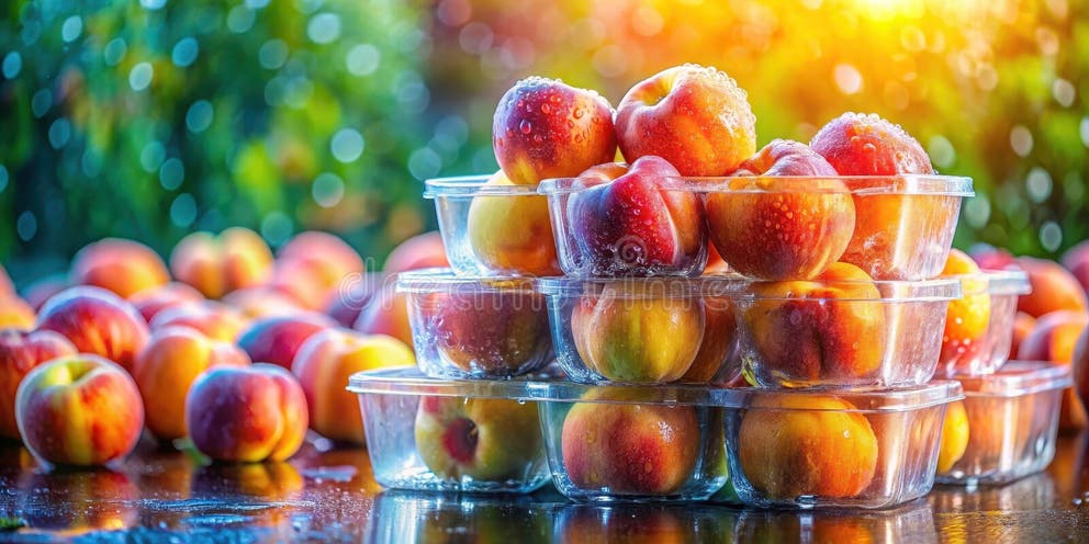 Stack of Fresh Juicy Peaches in Clear Containers Outdoors. Generative ...