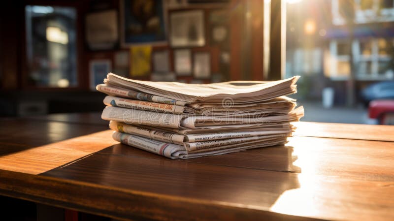Stack of Fresh Morning Newspapers Bathed in Sunlight on Wooden Table ...