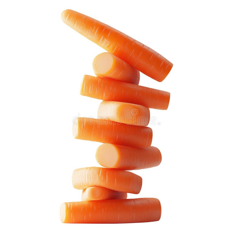 A Stack of Fresh, Orange Carrots Arranged in a Balancing Tower on White ...
