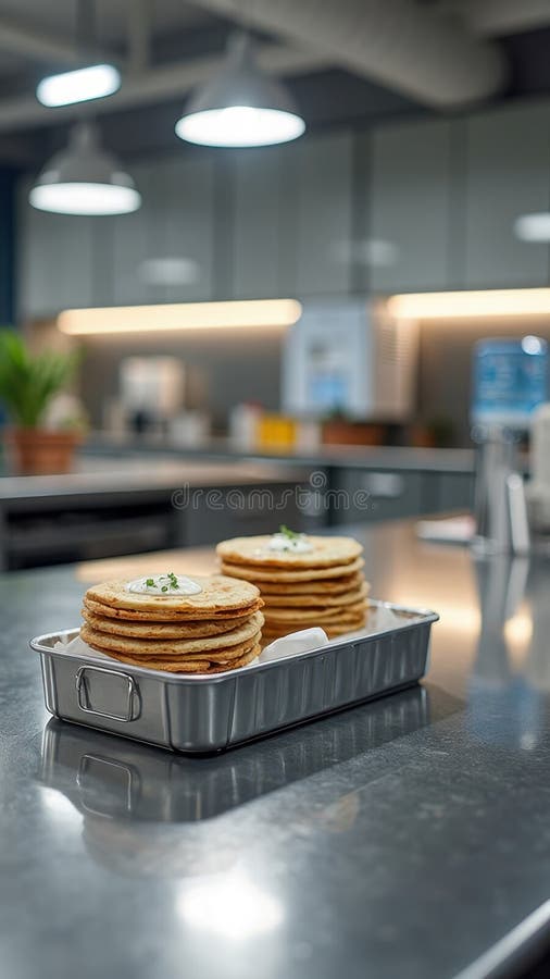 Stack of Fresh Pancakes in Modern Kitchen with Stainless Steel ...
