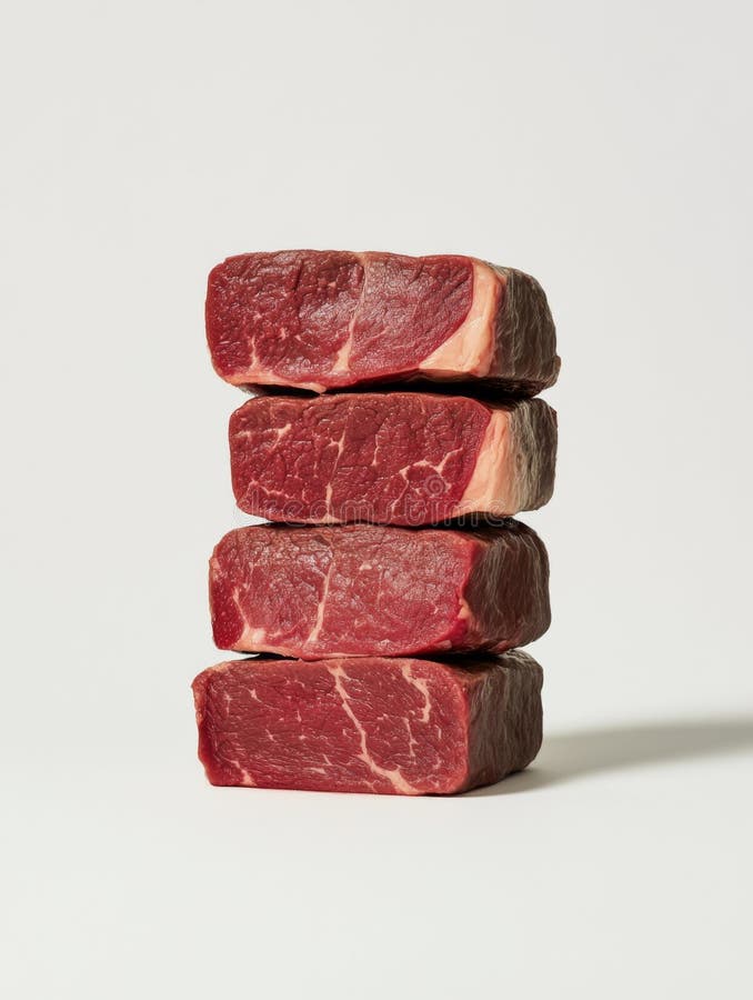 Stack of Fresh Raw Beef Cuts on White Background Highlighting Marbling ...