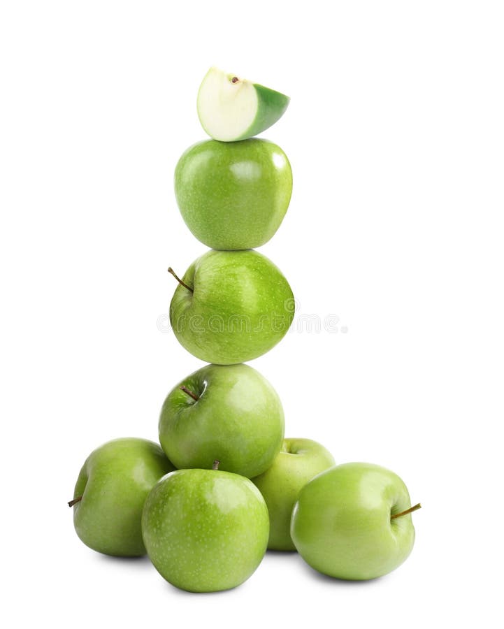 Stack of Fresh Ripe Green Apples on White Background Stock Image ...