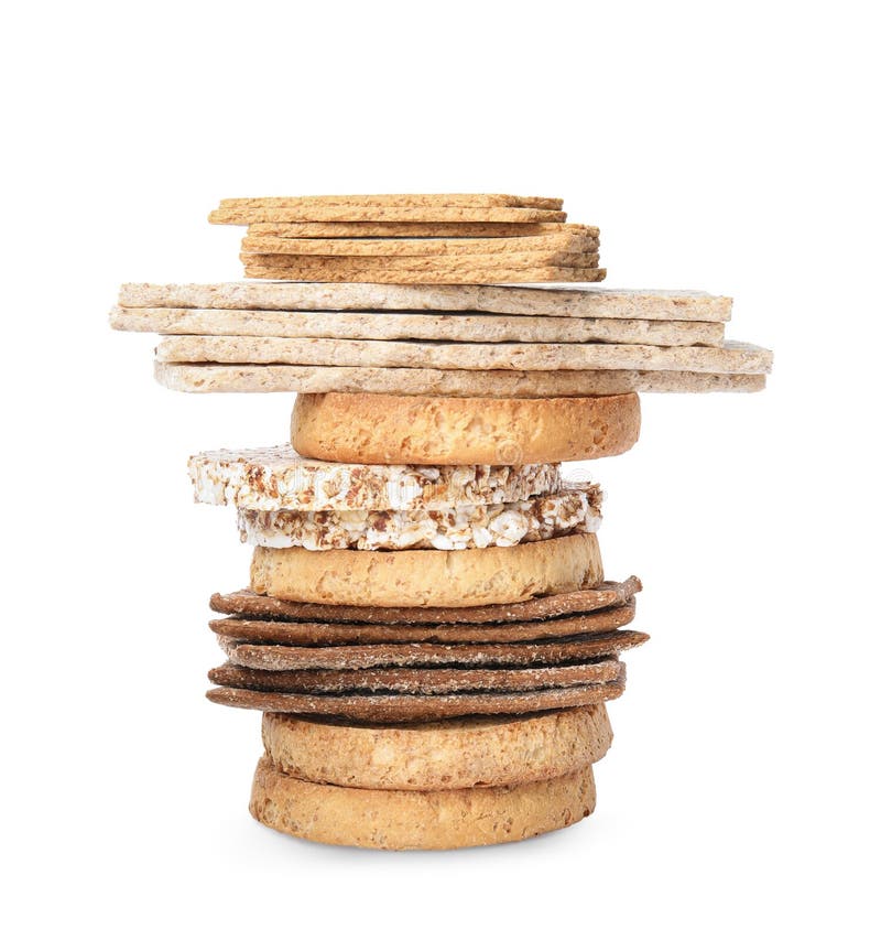 Stack of Fresh Rye Crispbreads, Crunchy Rice Cakes and Rusks on White ...