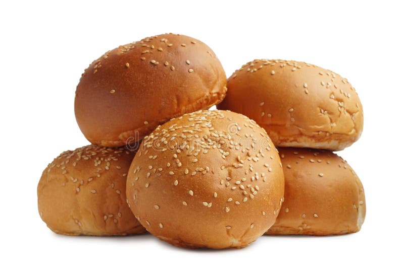 Stack of Fresh Tasty Buns with Sesame Seeds Isolated on White Stock ...