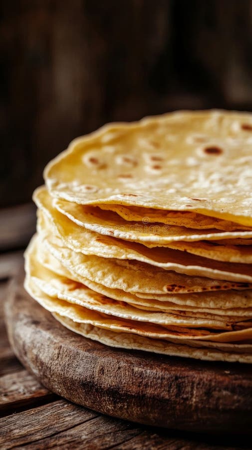 Stack of Fresh Tortillas on Wooden Board, Rustic Kitchen. Mexican ...