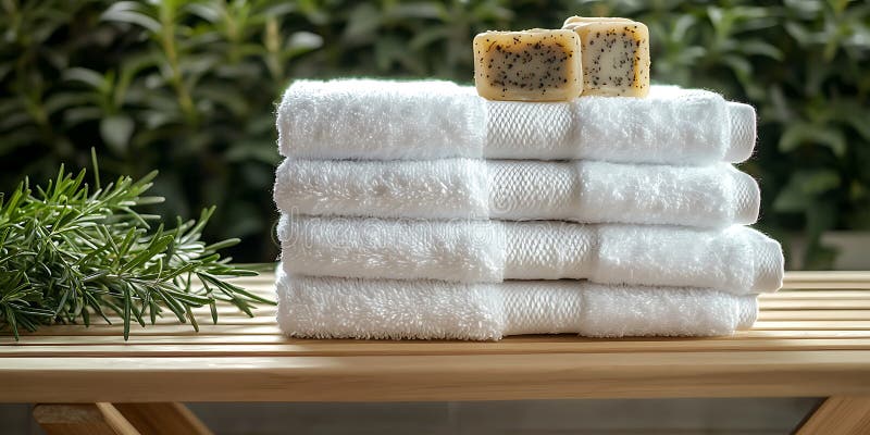 A Stack of Fresh Towels and Herbal Soap on Spa Bench Stock Illustration ...