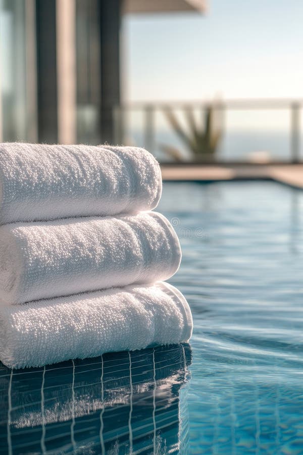 Stack of Fresh White Towels by Luxurious Infinity Pool, Ocean View ...