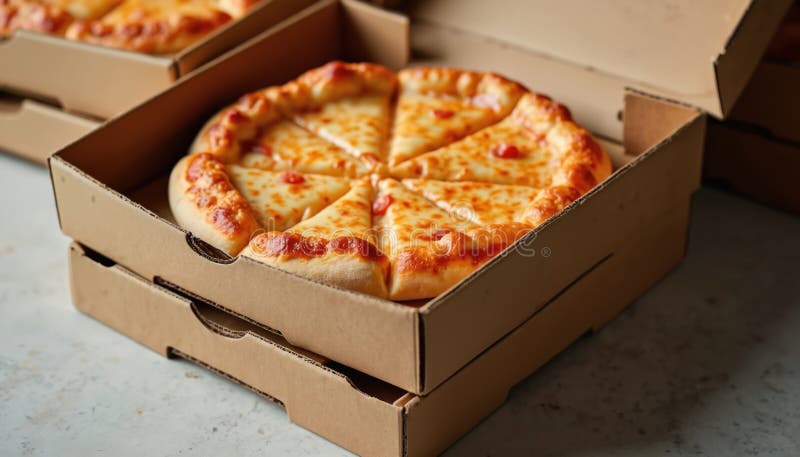 Stack of Freshly Baked Cheese Pizzas in Cardboard Boxes Ready for ...