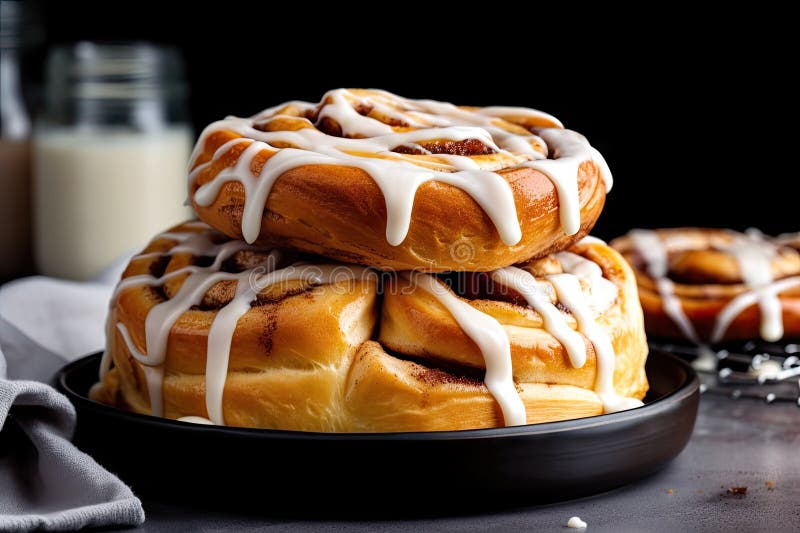 Stack of Freshly Baked Cinnamon Buns, Drizzled with Icing and Sprinkled ...