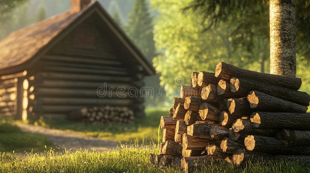 A Stack of Freshly Cut Firewood in Front of a Rustic Cabin, Soft ...