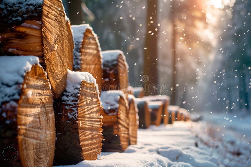 Stack of Freshly Cut Logs in Snow Forest with Sunlight Filtering ...