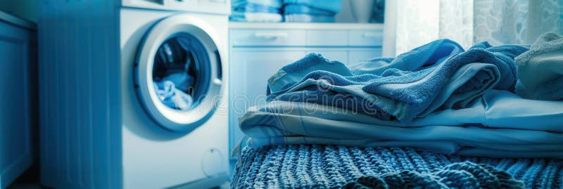 A Stack of Freshly Folded Laundry Sits beside a White Washing Machine ...