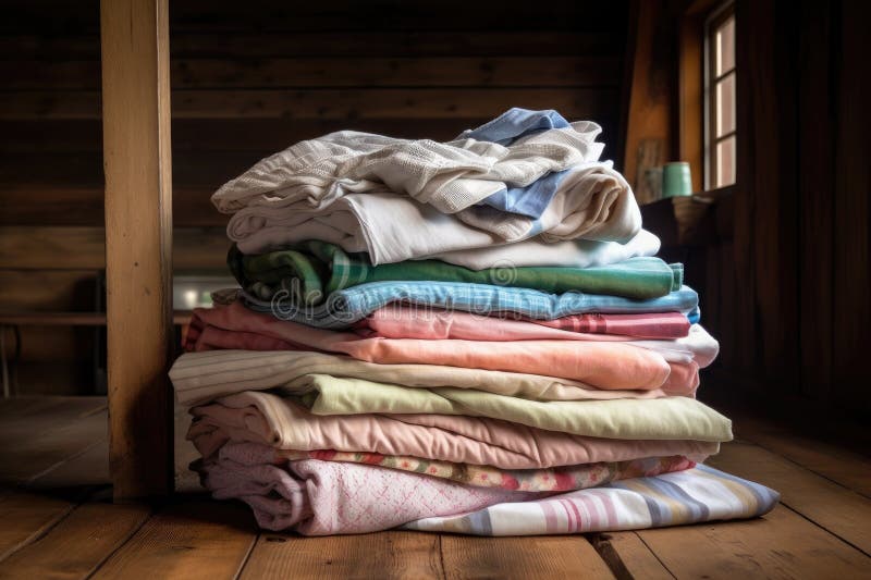Stack of Freshly Laundered and Folded Linens on Wooden Table Stock ...