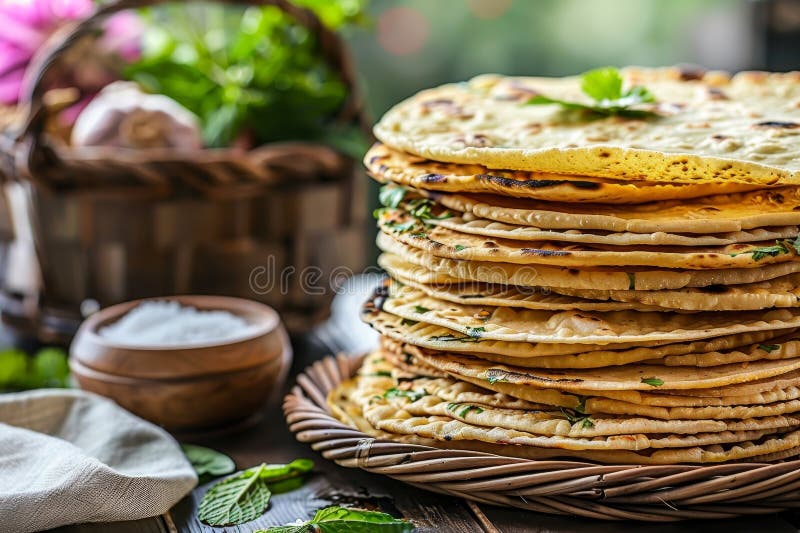 Stack of Freshly Made Flatbread with Herbs , Rustic Food Photography ...