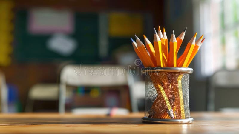 A Stack of Freshly Sharpened Pencils in a Pencil Holder on a Classroom ...
