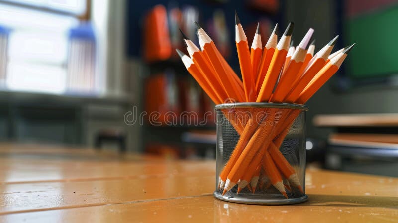 A Stack of Freshly Sharpened Pencils in a Pencil Holder on a Classroom ...